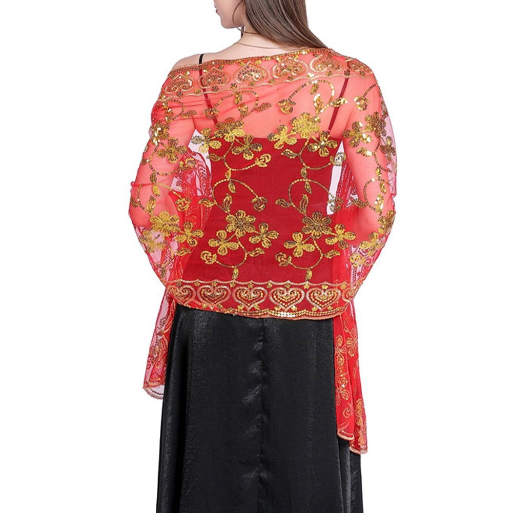 CENL Long Sparkly Sequin Sheer Tulle Lace Embroidery Shawl Wrap Scarf ...
