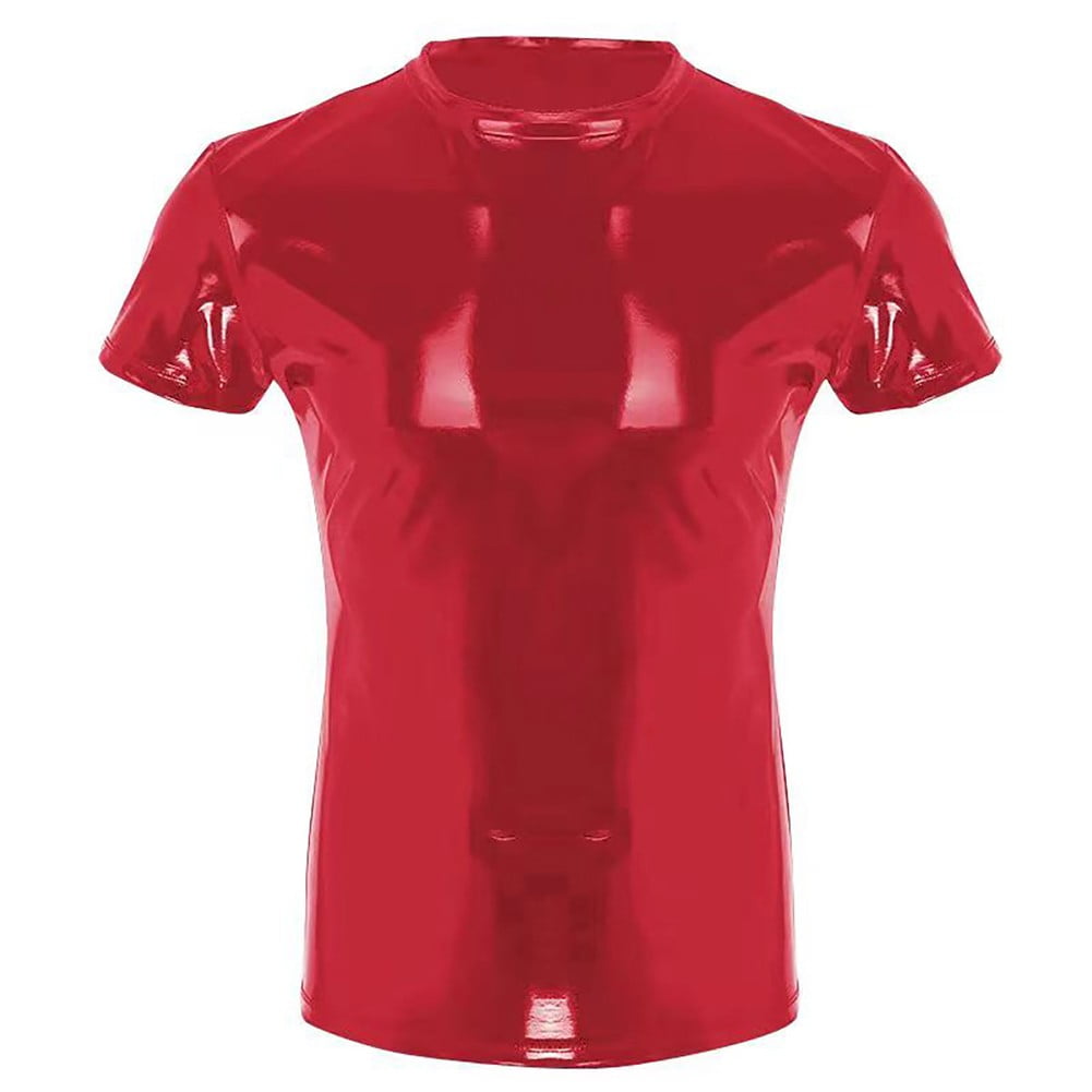 CENL Mens PVC Clubwear Short Sleeve Wet Look Shiny T-Shirt Top Costume ...