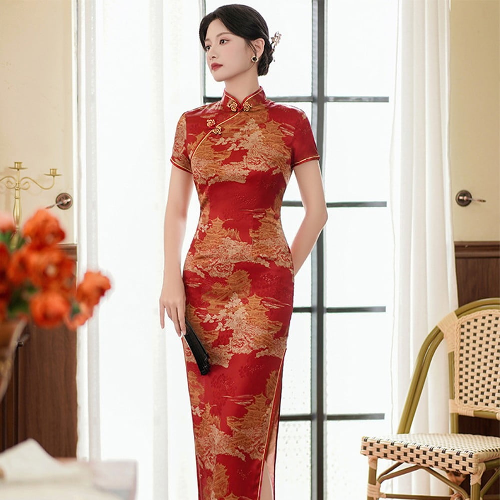 CENL Women Chinese Cheongsam Faux Silk Stain Dress Oriental Ball Gown ...