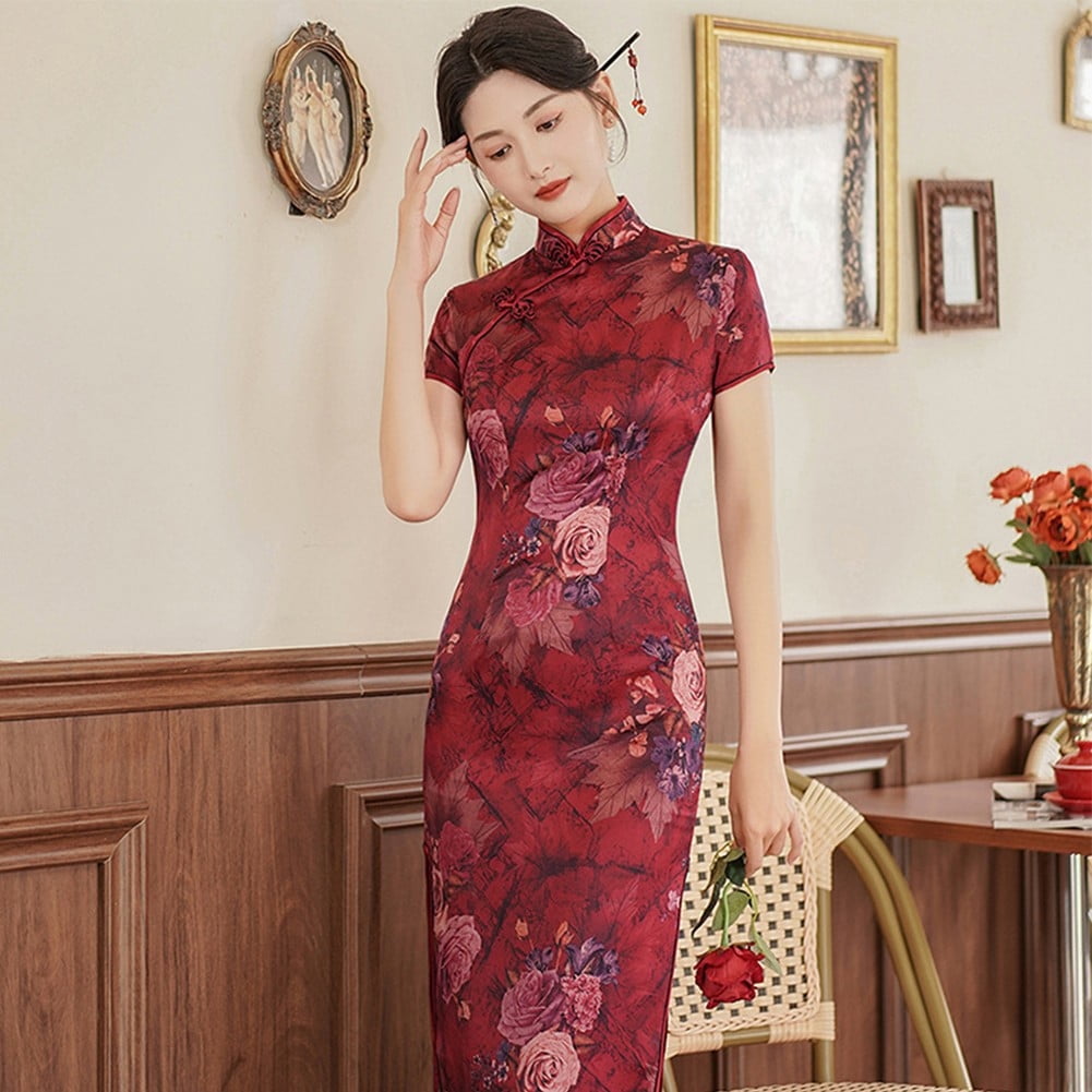 CENL Women Chinese Cheongsam Faux Silk Stain Dress Oriental Ball Gown ...