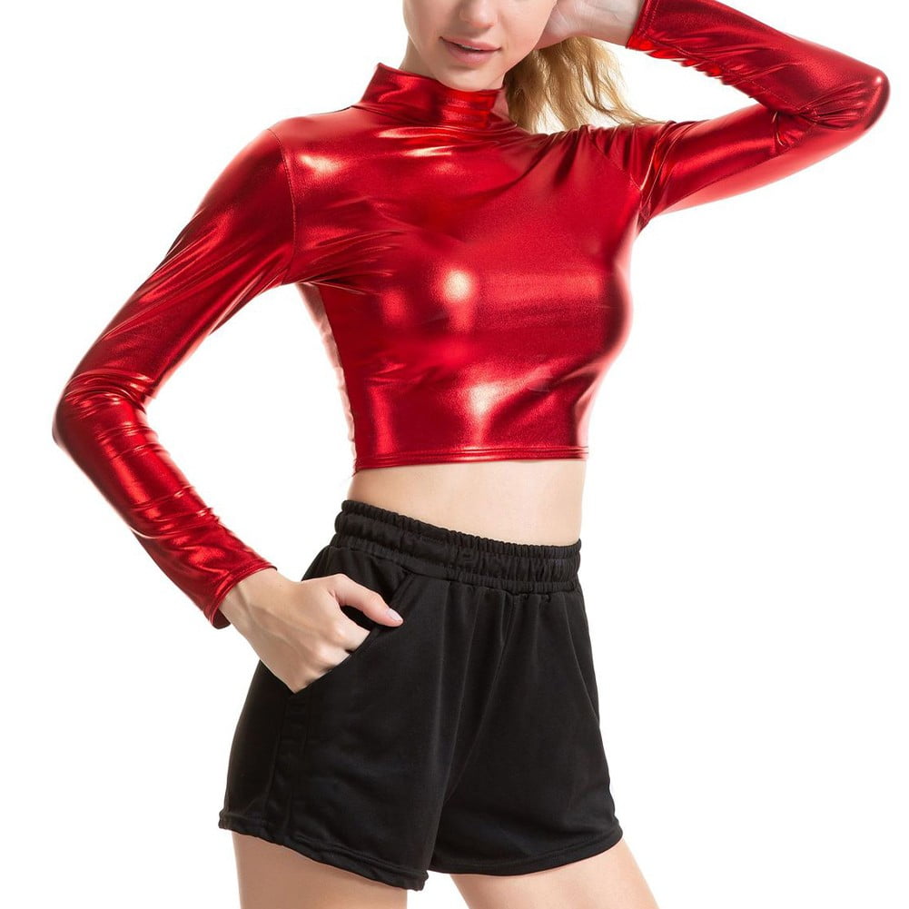 CENL Women Faux Leather Shiny Wetlook Mock Neck Long Sleeve Crop Top ...