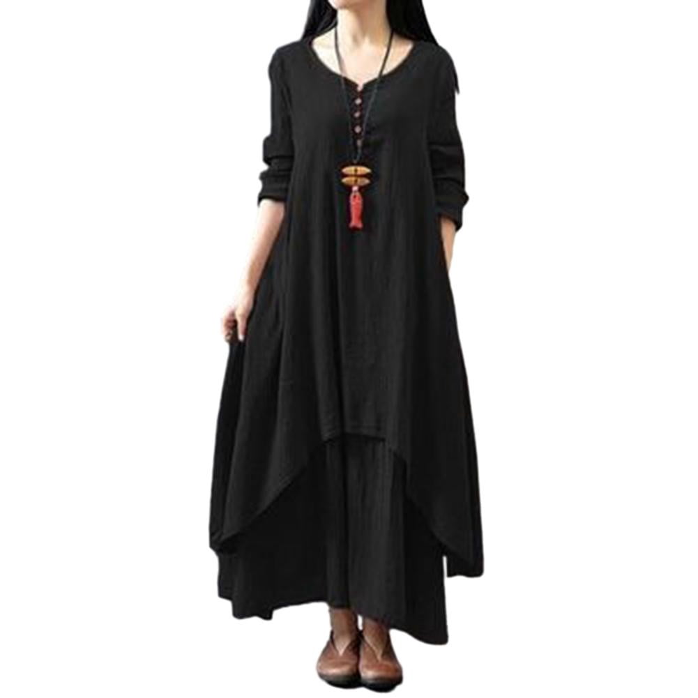 CENL Women Linen Dresse Layering Vintage Robe Loose Long Dress Oversize ...