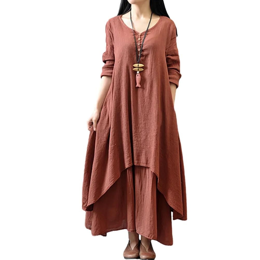 CENL Women Linen Dresse Layering Vintage Robe Loose Long Dress Oversize ...