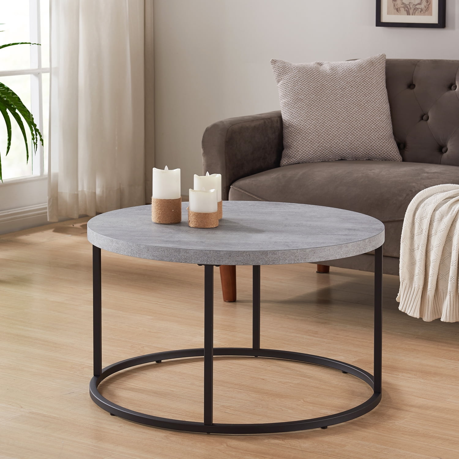CENSI Grey Marble Round Coffee Table Ottoman for Living Room, Modern ...