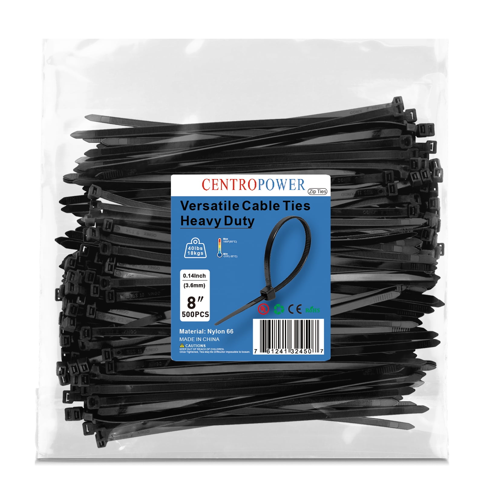 CENTROPOWER Heavy Duty 8 inch Black Zip Ties - 1000 Pack - 40lbs Tensile Strength - Cable Ties ...