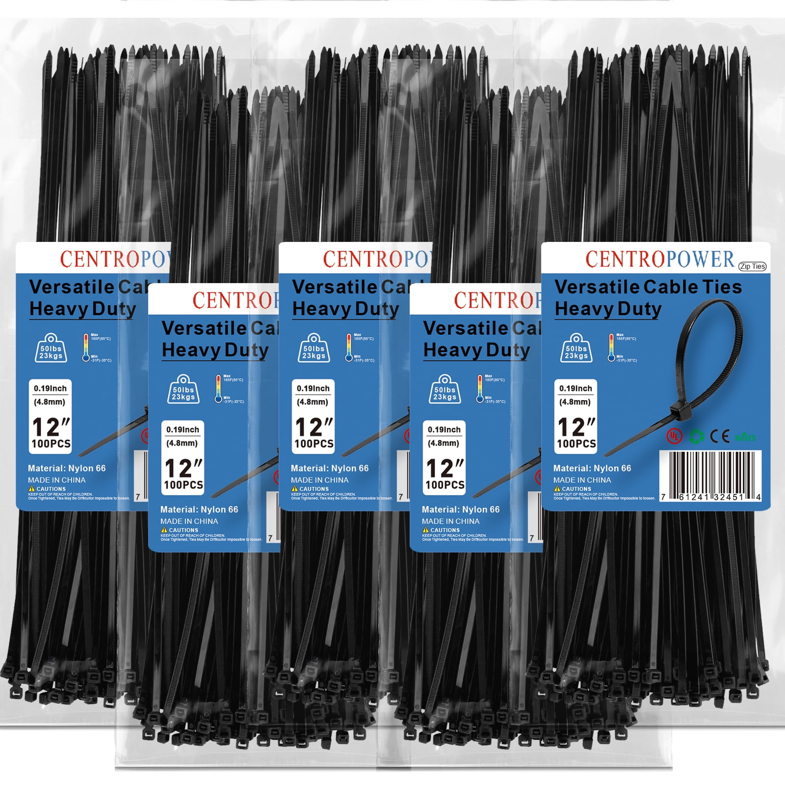 CENTROPOWER Heavy Duty Black Zip Ties 12 Inch - 500 Pack | 50lbs ...