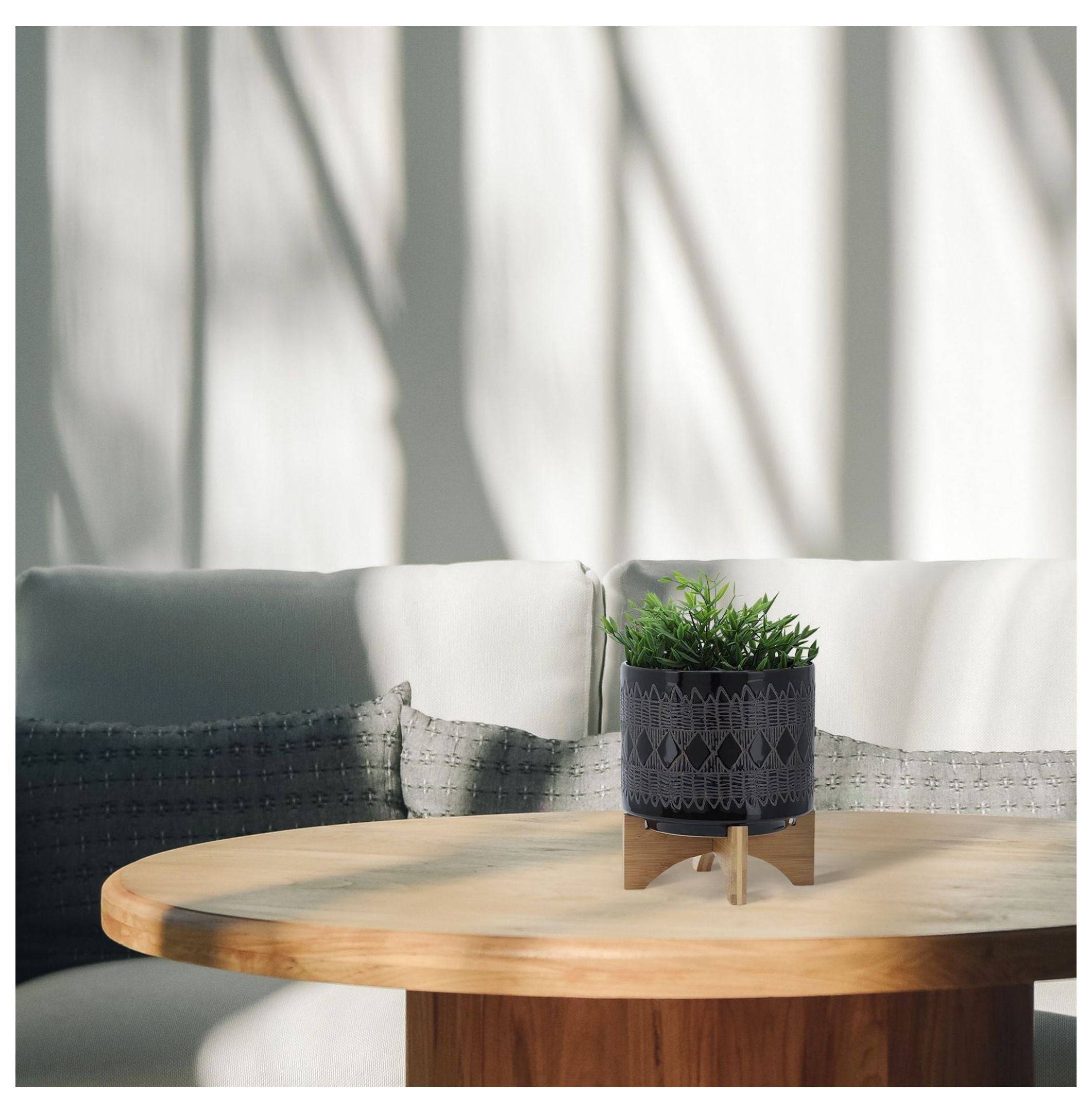 CERAMIC 8" AZTEC PLANTER ON WOODEN STAND, BLACK as Pic - Walmart.com