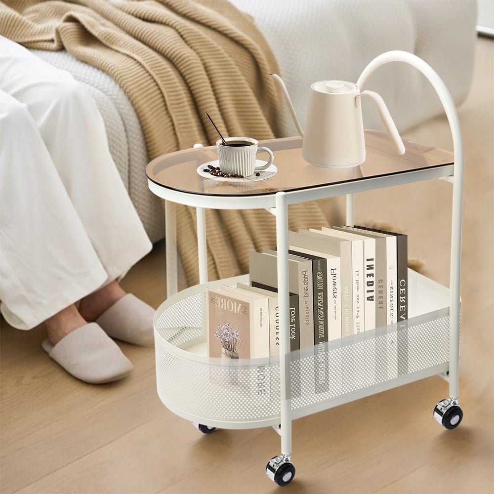 CERBIOR 2 Tier Rolling Side Table Metal, 2 Tier Utility Cart, Coffee ...