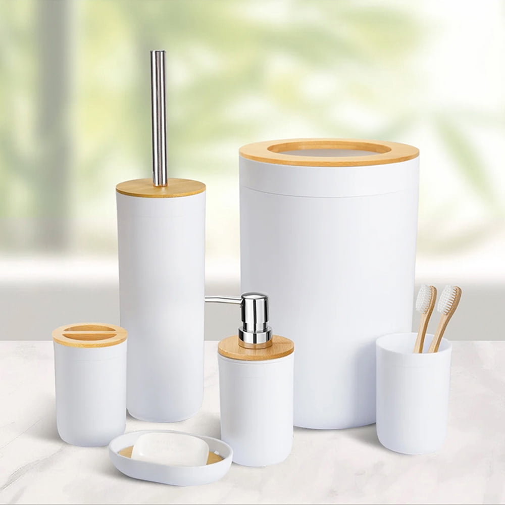 CERBIOR 6PCS Bamboo and Plastic Bathroom Accessories Sets, White ...