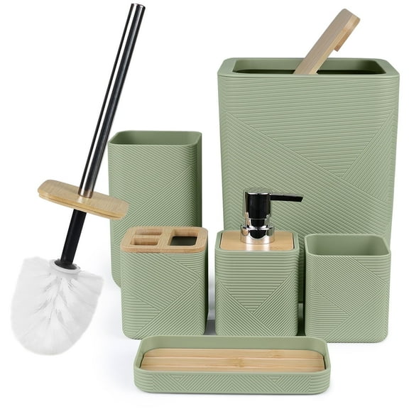 Bathroom Accessories Set 6 Piece Bamboo Bath Ensemble Includes Soap ...