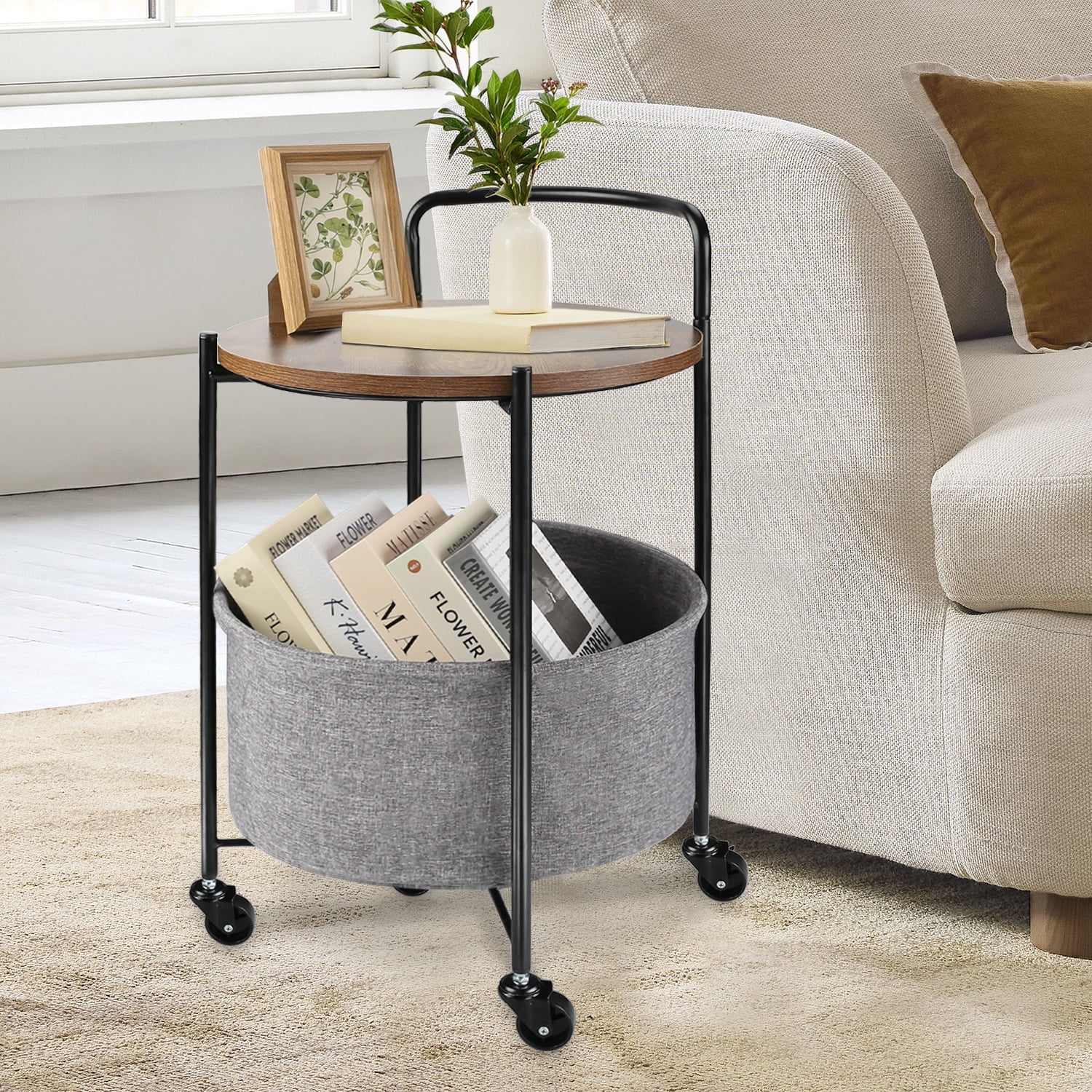 CERBIOR Rolling Round Metal Side Table,2-Tier Storage Side Table with ...