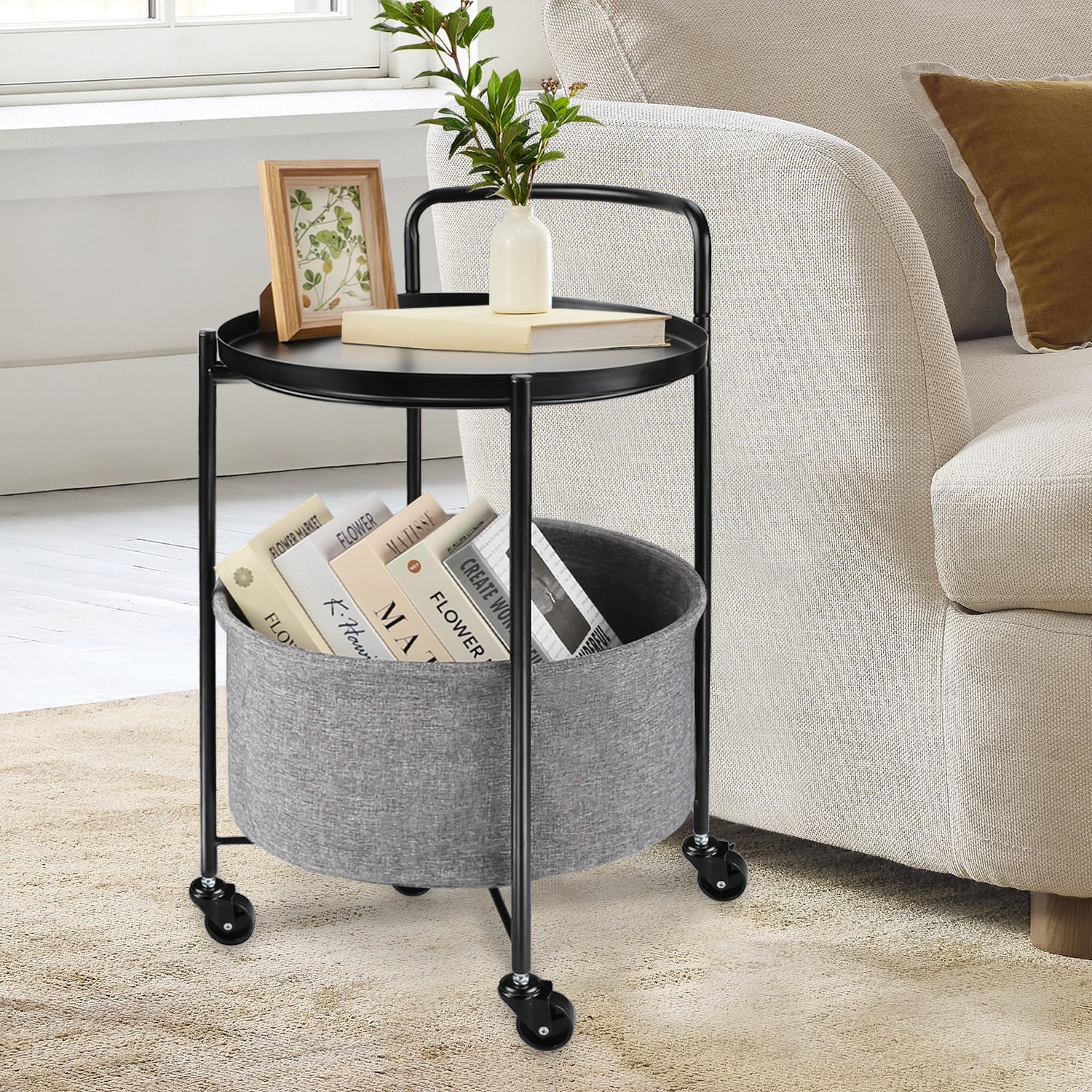 CERBIOR Rolling Round Metal Side Table,2-Tier Storage Side Table with ...