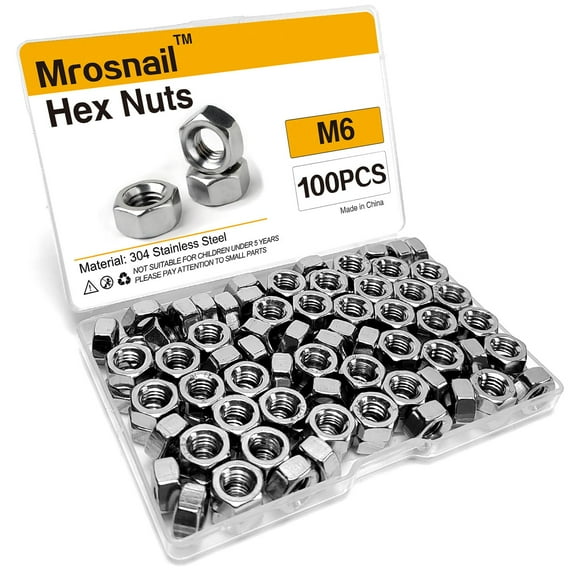 CERPXFF-100Pcs M6 Hex Nuts, 304 Stainless Steel Hardware Nuts, Full ...