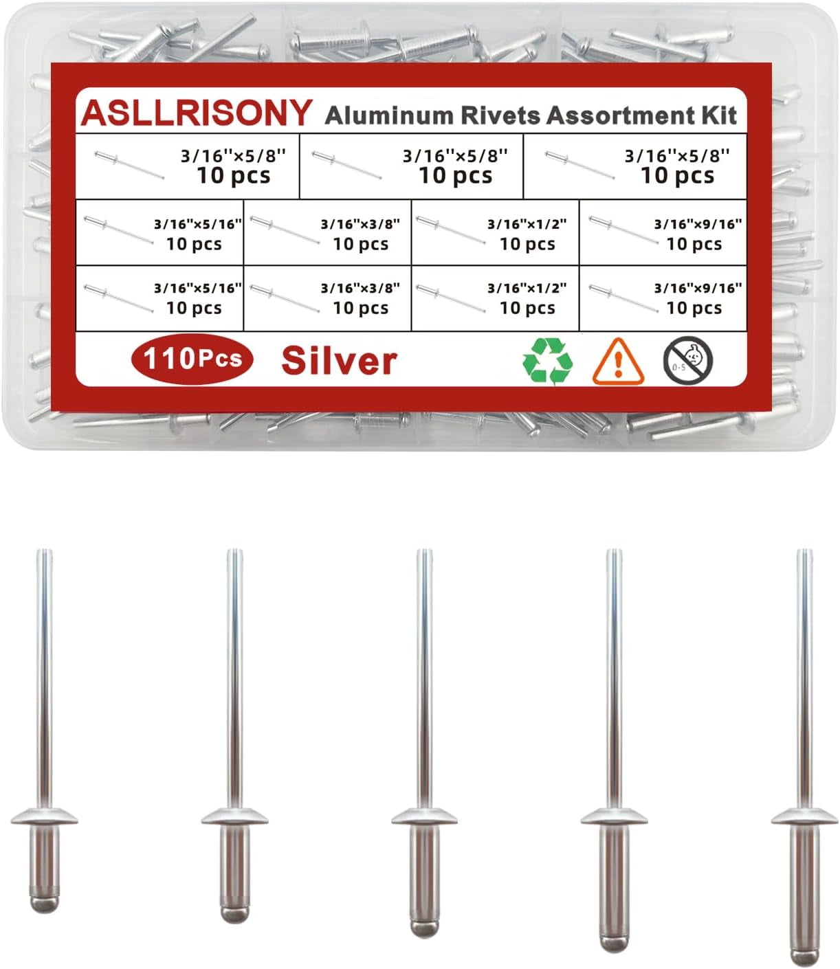 CERPXFF-110Pcs Silver 3/16 Inches Pop Rivets Assortment Kit,5 Sizes ...