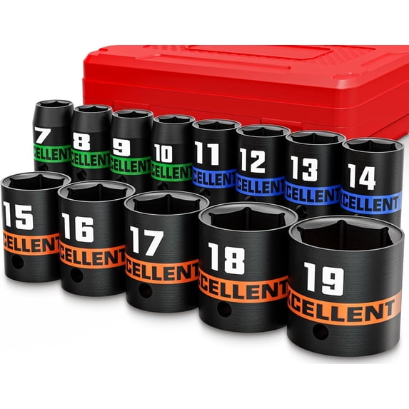 CERPXFF-13 Pieces 3/8-Inch Drive Impact Socket Set, 7-19mm Shallow ...