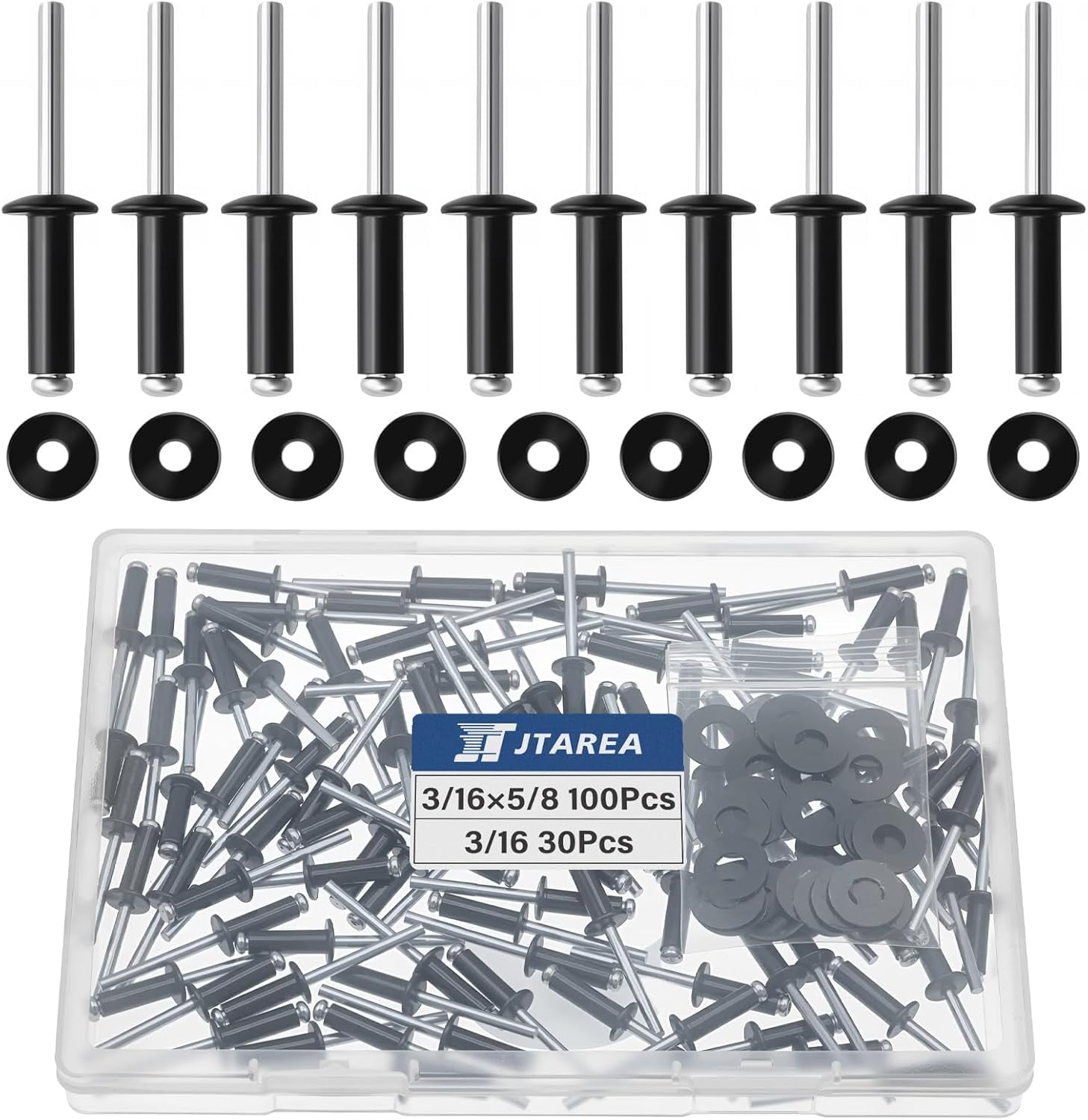 CERPXFF-130pcs 3/16" x 5/8" Black Aluminum Pop Rivets with Stainless ...