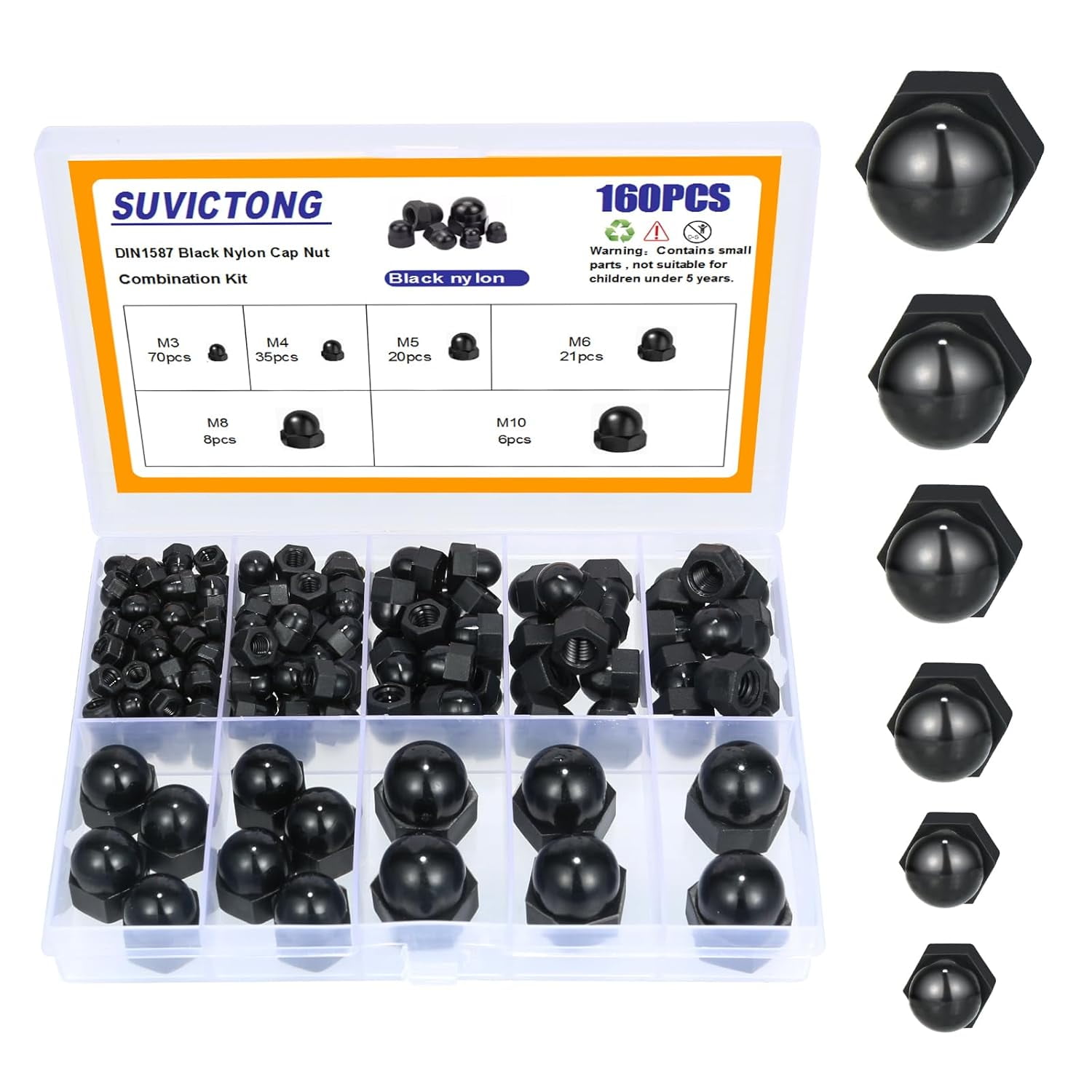 CERPXFF-160pcs Acorn Cap Nuts,Metric Black Nylon Acorn Nuts Assortment ...