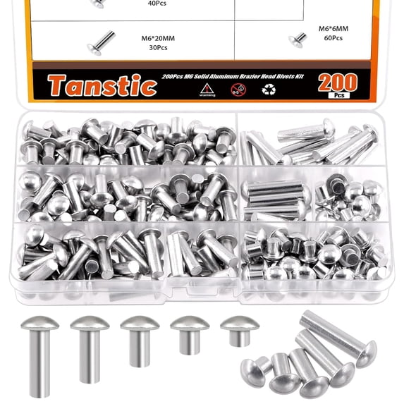 CERPXFF-200Pcs M6 Solid Aluminum Brazier Head Rivets, 6mm 10mm 14mm ...