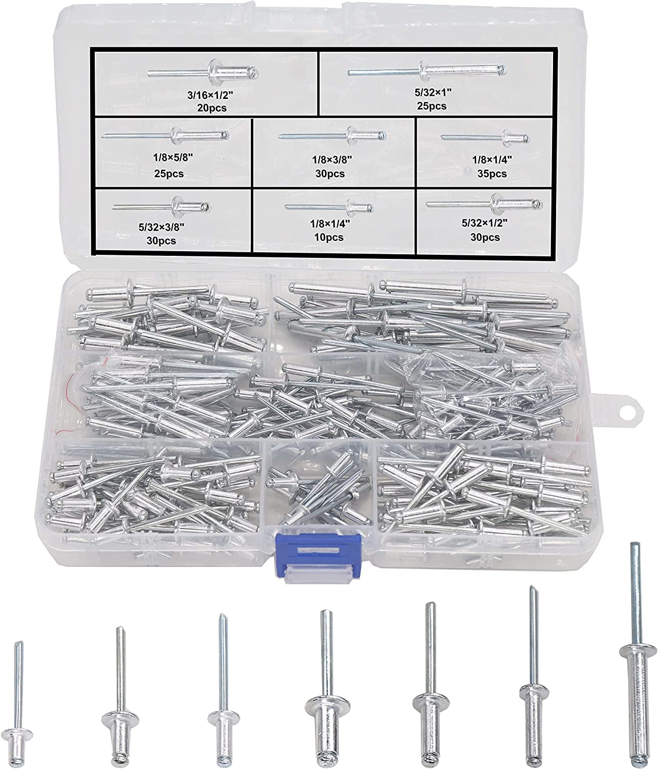CERPXFF-205pcs Aluminum Blind Rivets,7 Sizes,Pop Rivets Assortment Kit ...