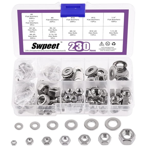 CERPXFF-230Pcs SAE 304 Stainless Steel Hex Nuts and Flat Washers ...