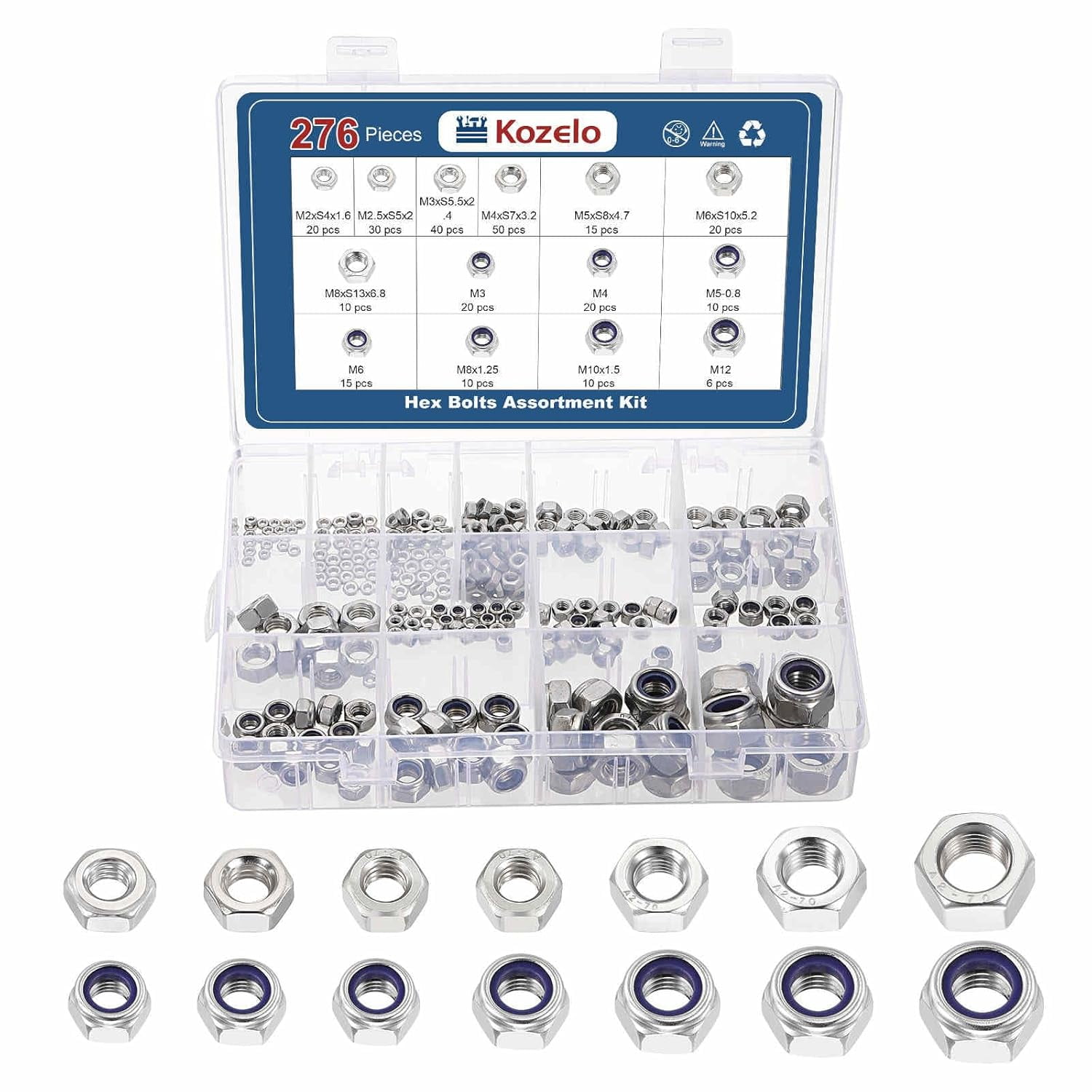 CERPXFF-276pcs Hex Nuts Assortment Kit - [M2 M2.5 M3 M4 M5 M6 M8 M10 ...