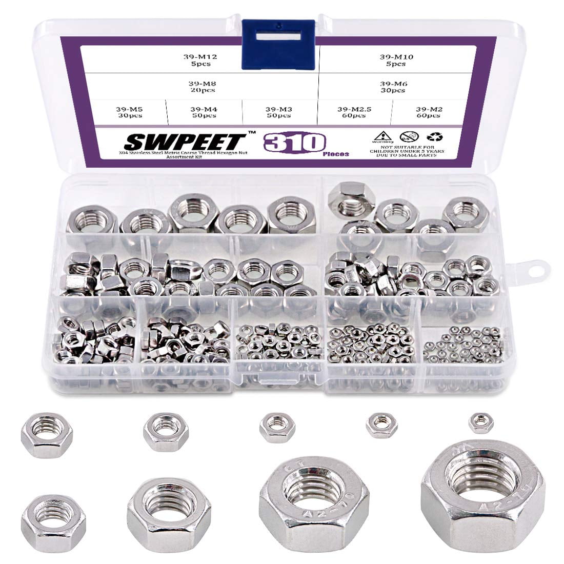 CERPXFF-310Pcs Metric 304 Stainless Steel 9 Sizes Hex Nuts Assorment ...