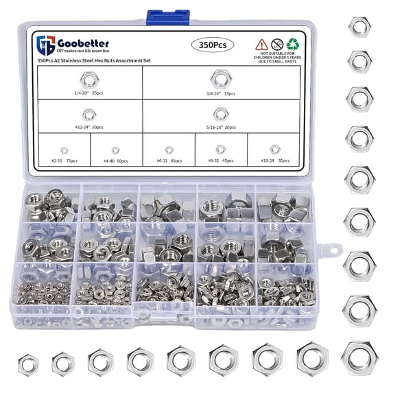 CERPXFF-350PCS SAE Hex Nuts Assortment Kit, 304 Stainless Steel, 1/4-20 ...