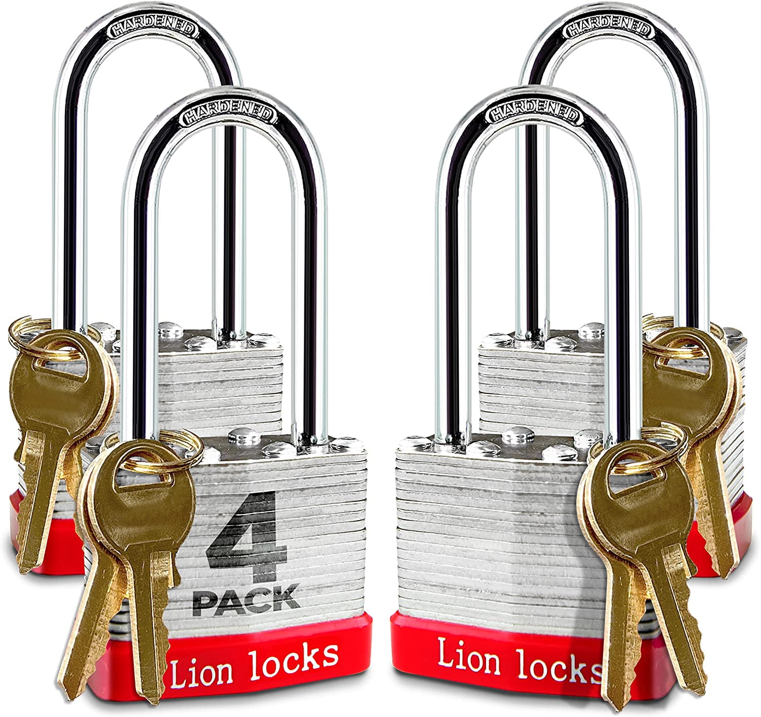 CERPXFF-4 Keyed-Alike Padlocks w/ 2” Long Shackle, 8 Keys, Hardened ...