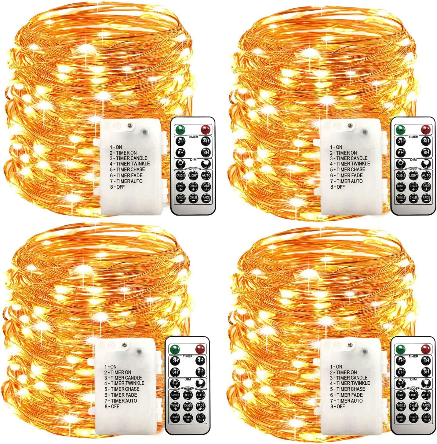 CERPXFF-4 Pack 33Ft 100 Warm White Led Fairy Lights Battery Operated ...