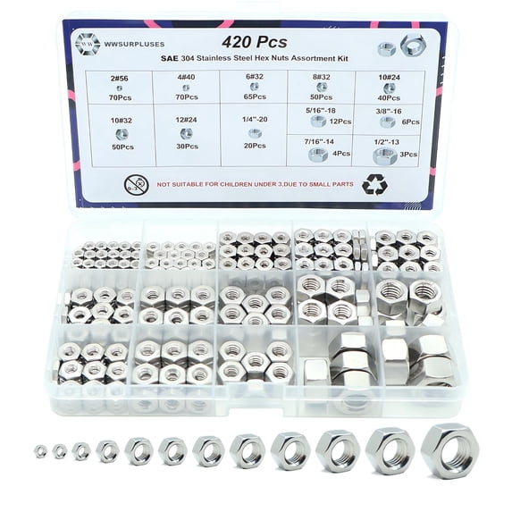 CERPXFF-420 Pack SAE Hex Nuts Assortment Kit, 2#56 4#40 6#32 8#32 10#24 ...