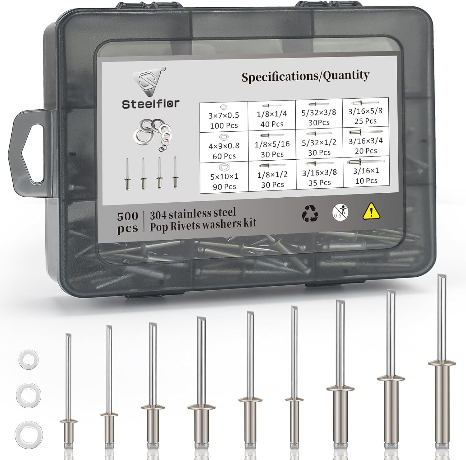 CERPXFF-500Pcs 304 Stainless Steel Pop Rivets Kit, 9 SAE Sizes, 3/16 ...