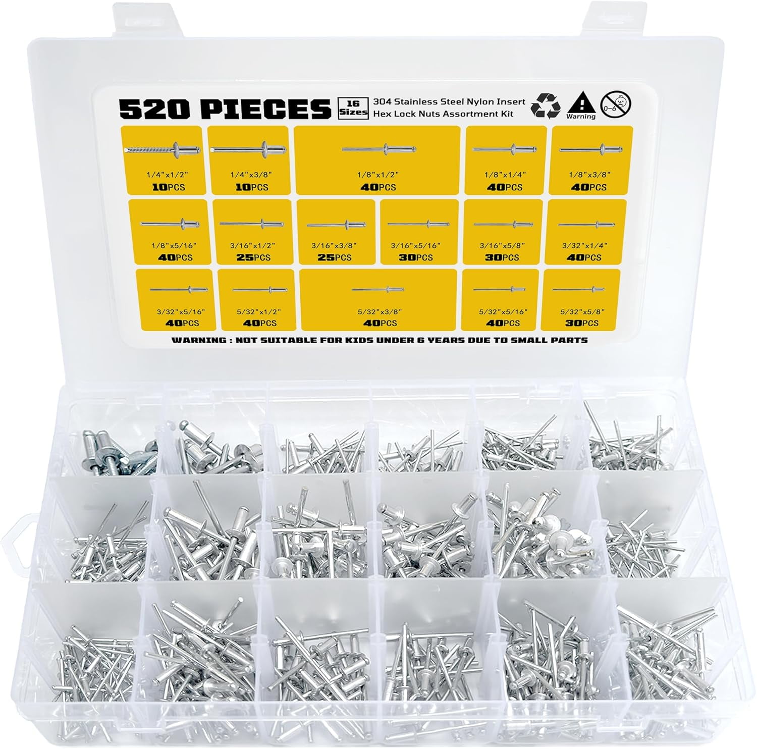 CERPXFF-520pcs 16 Sizes Pop Rivets Assortment Kit,Aluminum Rivets ...