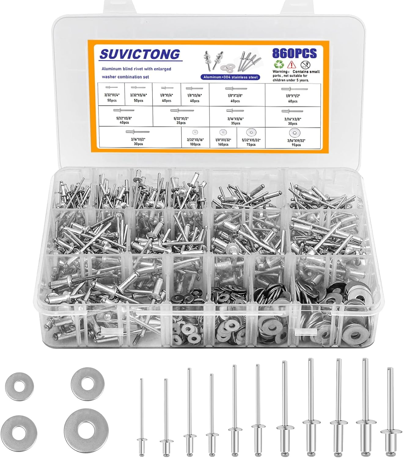 CERPXFF-860PCS Aluminum Pop Rivets with 304 Stainless Steel Washers Kit ...