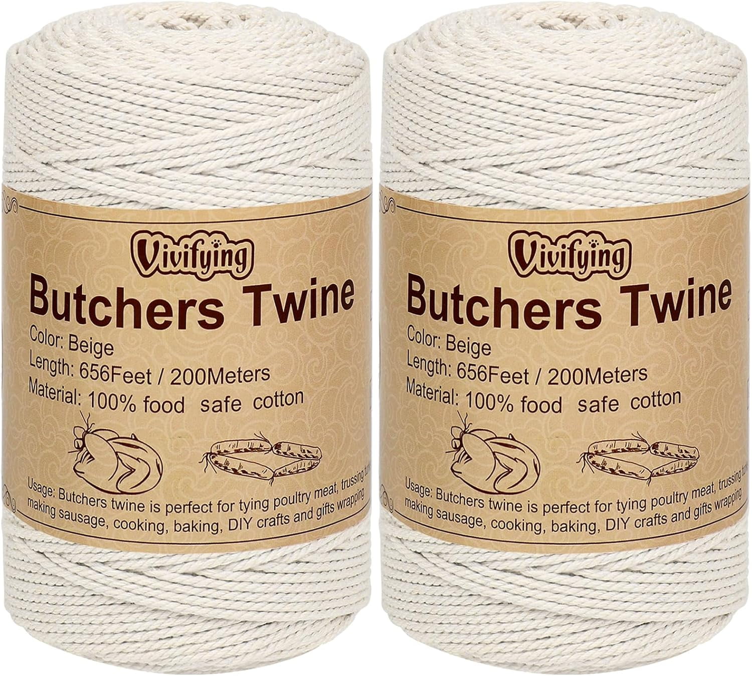 CERPXFF-Butchers Twine, 2pcs x 656 Feet 2mm Food Safe Cotton Bakers ...