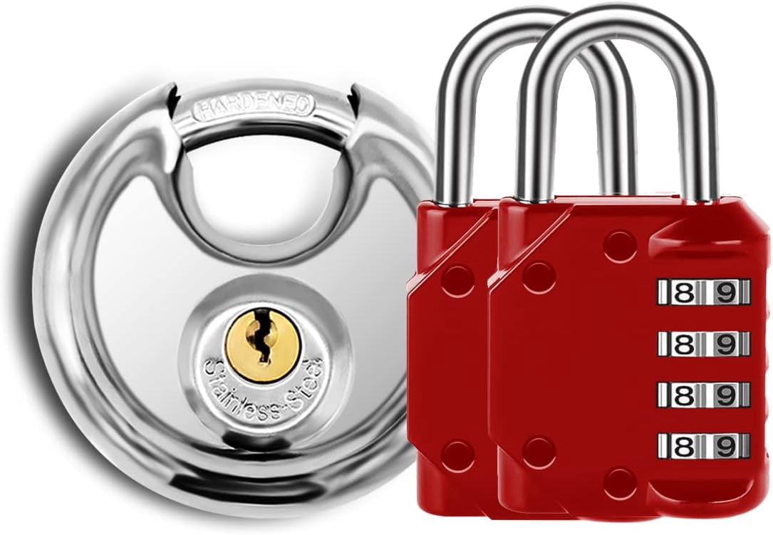 CERPXFF-Disc Padlock & 2 Red Combination Lock for Gym Locker, School ...