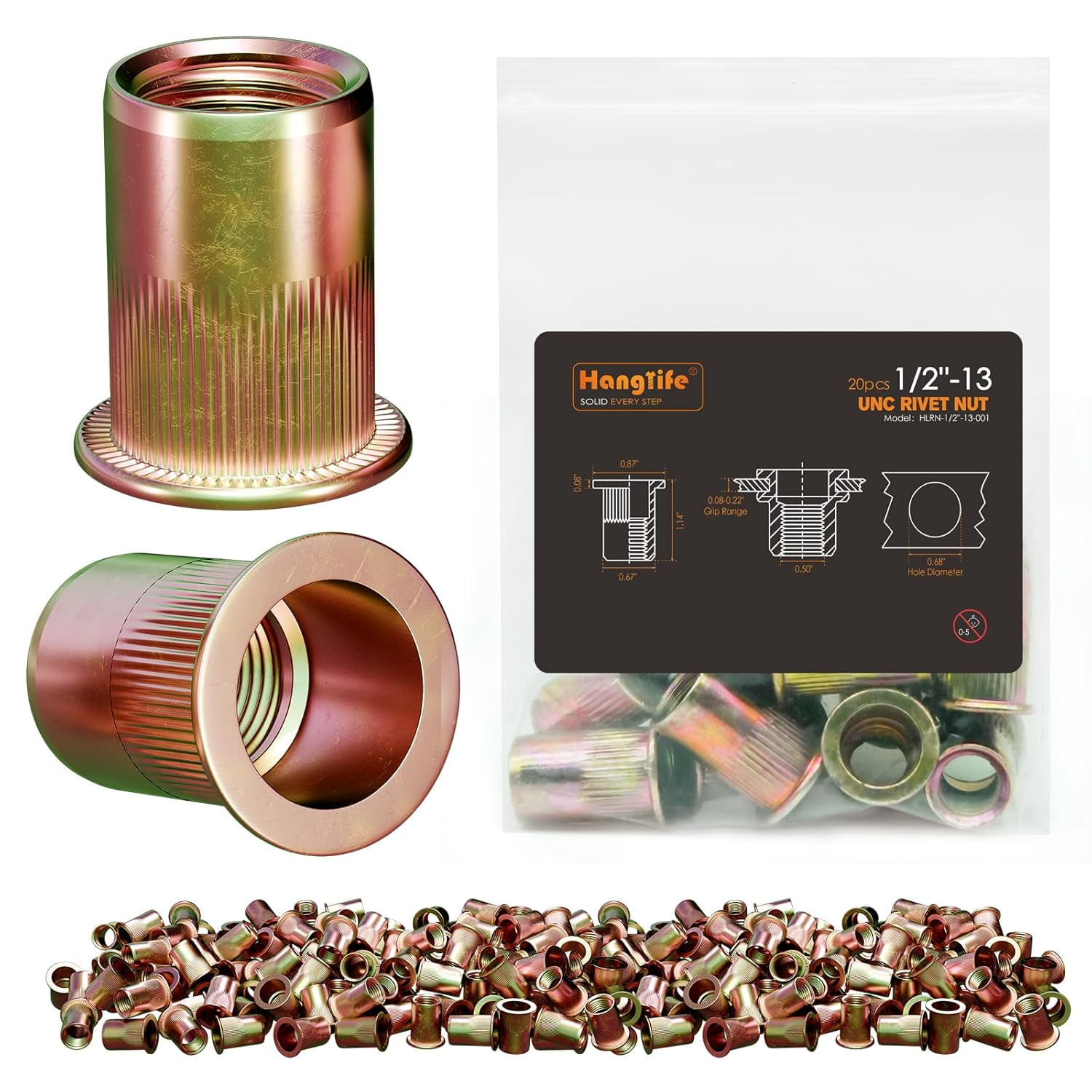 CERPXFF-HANGLIFE Rivet Nut, 1/2"-13 UNC SAE Rivnut - Flat Head Nutserts ...