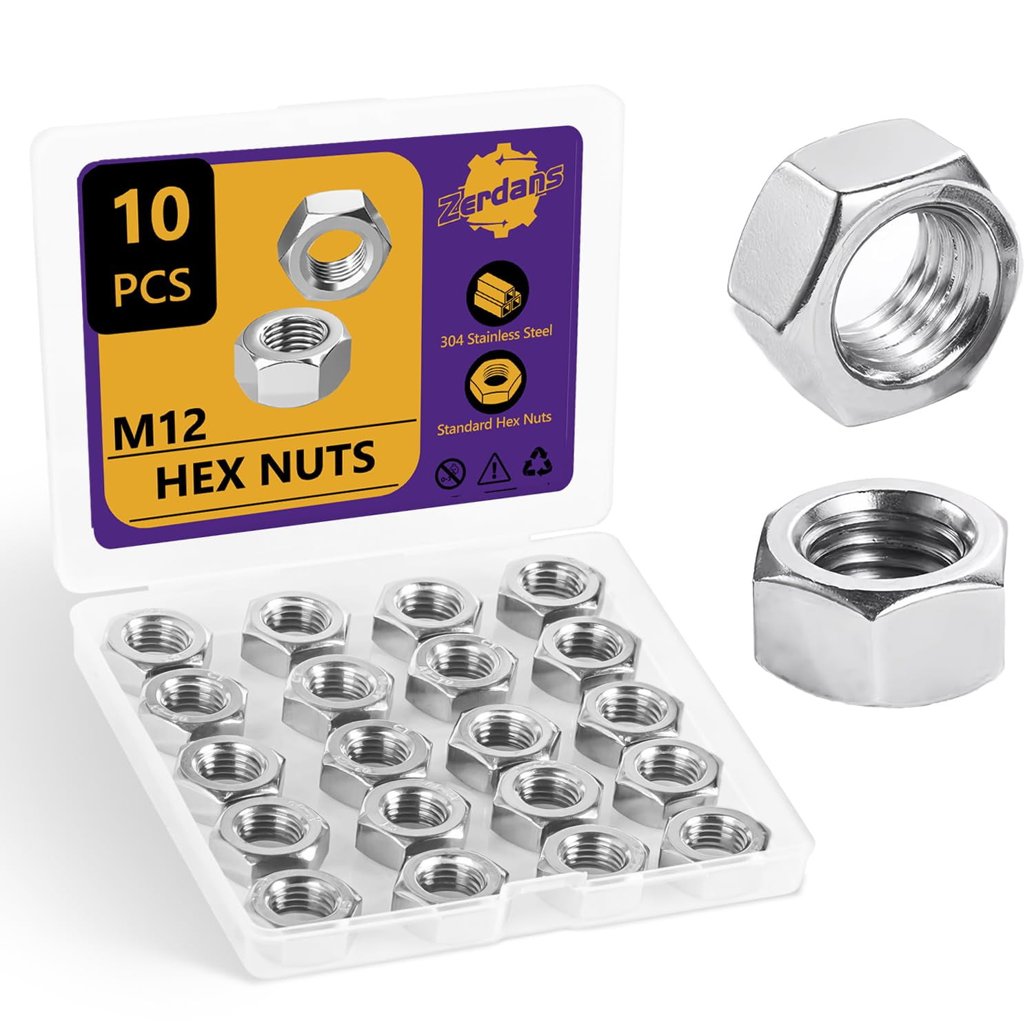 CERPXFF-M12 Hex Nuts, 10Pcs Metric 304 Stainless Steel Metal M12-1.75mm ...