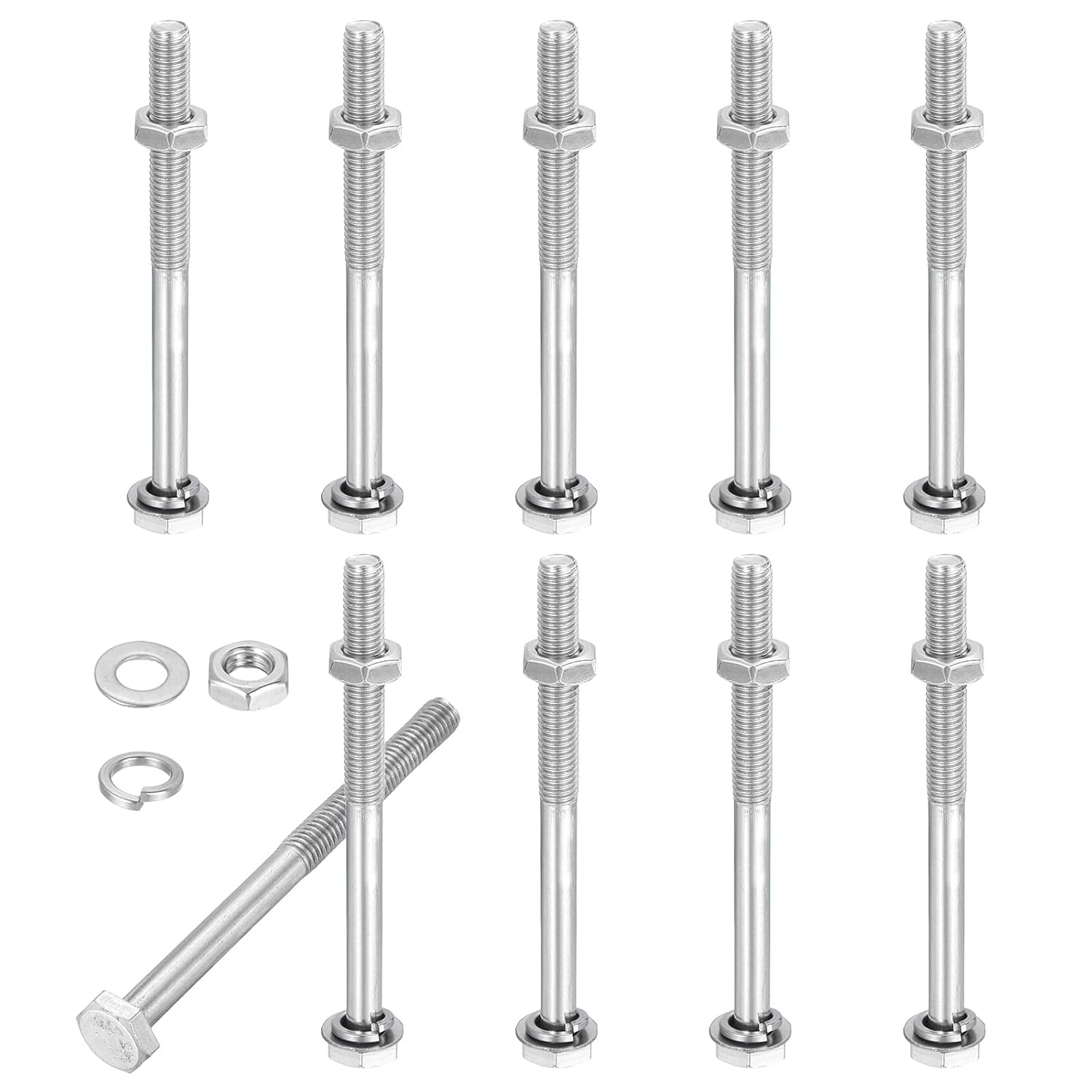 CERPXFF-M8x100mm Hex Bolt with Nuts Flat Spring Lock Washers, 10 Set ...