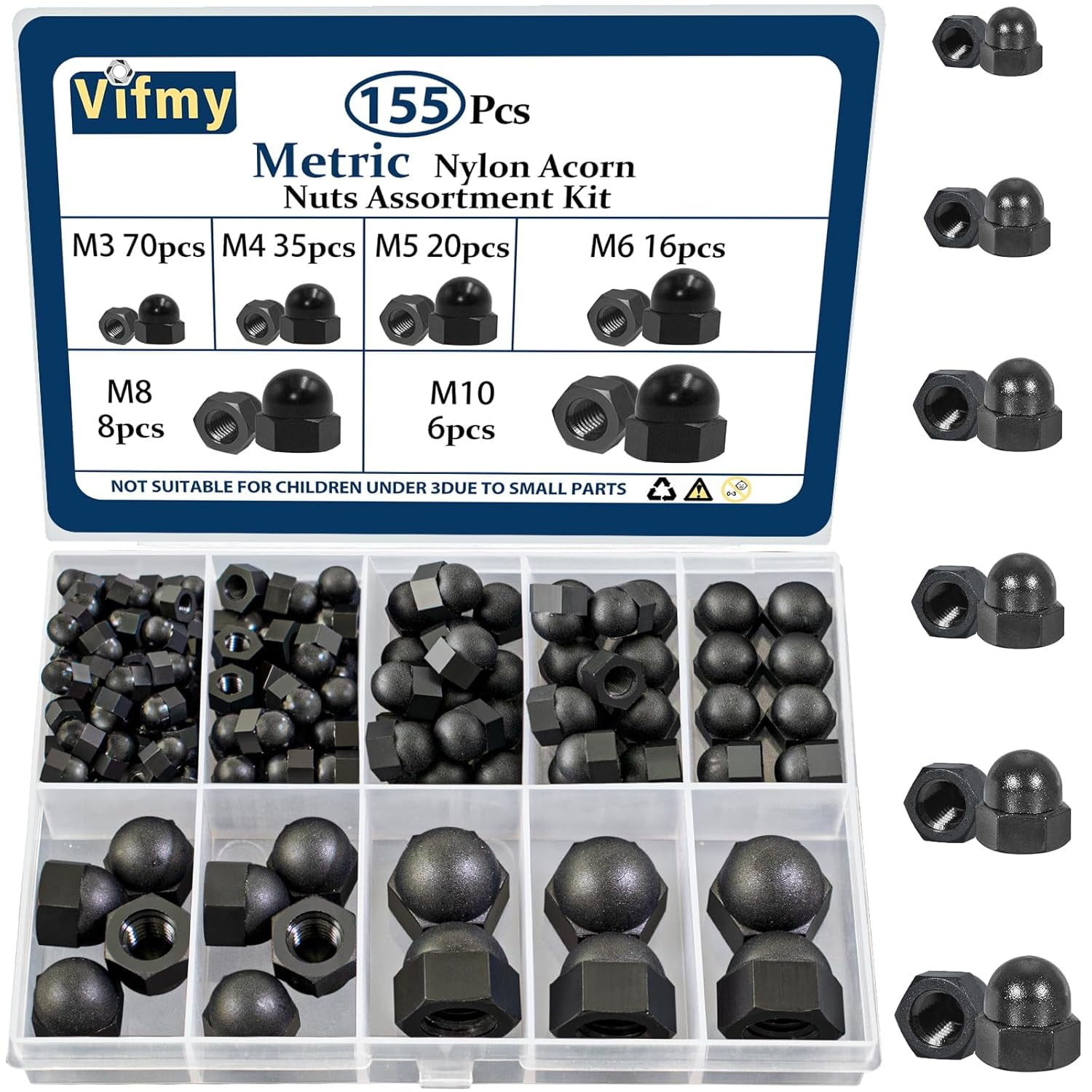CERPXFF-Metric Black Nylon Acorn Nuts Assortment Kit,M3 M4 M5 M6 M8 M10 ...