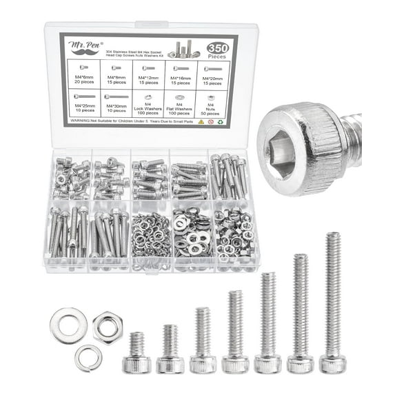 CERPXFF-- Nuts and Bolts Assortment Kit, 350 pcs, Stainless Steel, M4 ...
