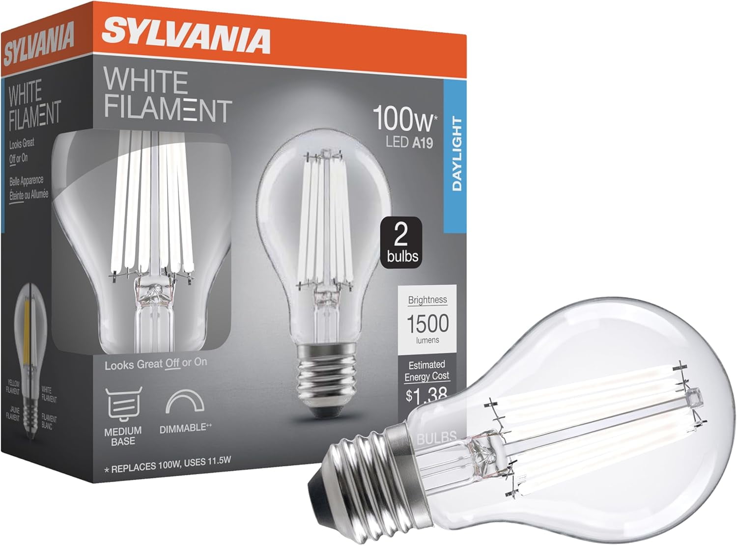 CERPXFF-Sylvania A19 Clear LED White Filament Bulb, 11.5W, Dimmable ...
