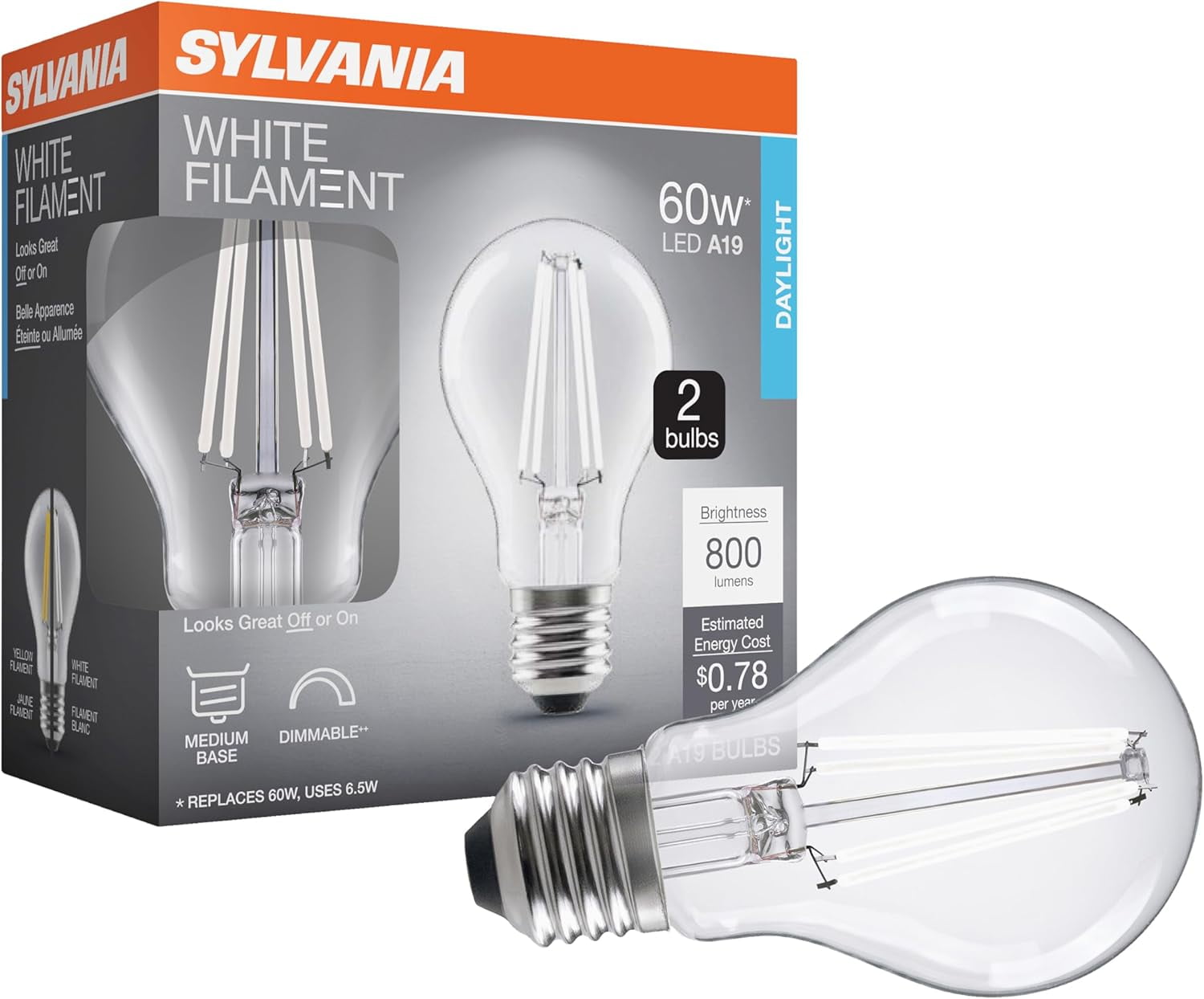 CERPXFF-Sylvania A19 Clear LED White Filament Bulb, 6.5W, Dimmable, 800 ...