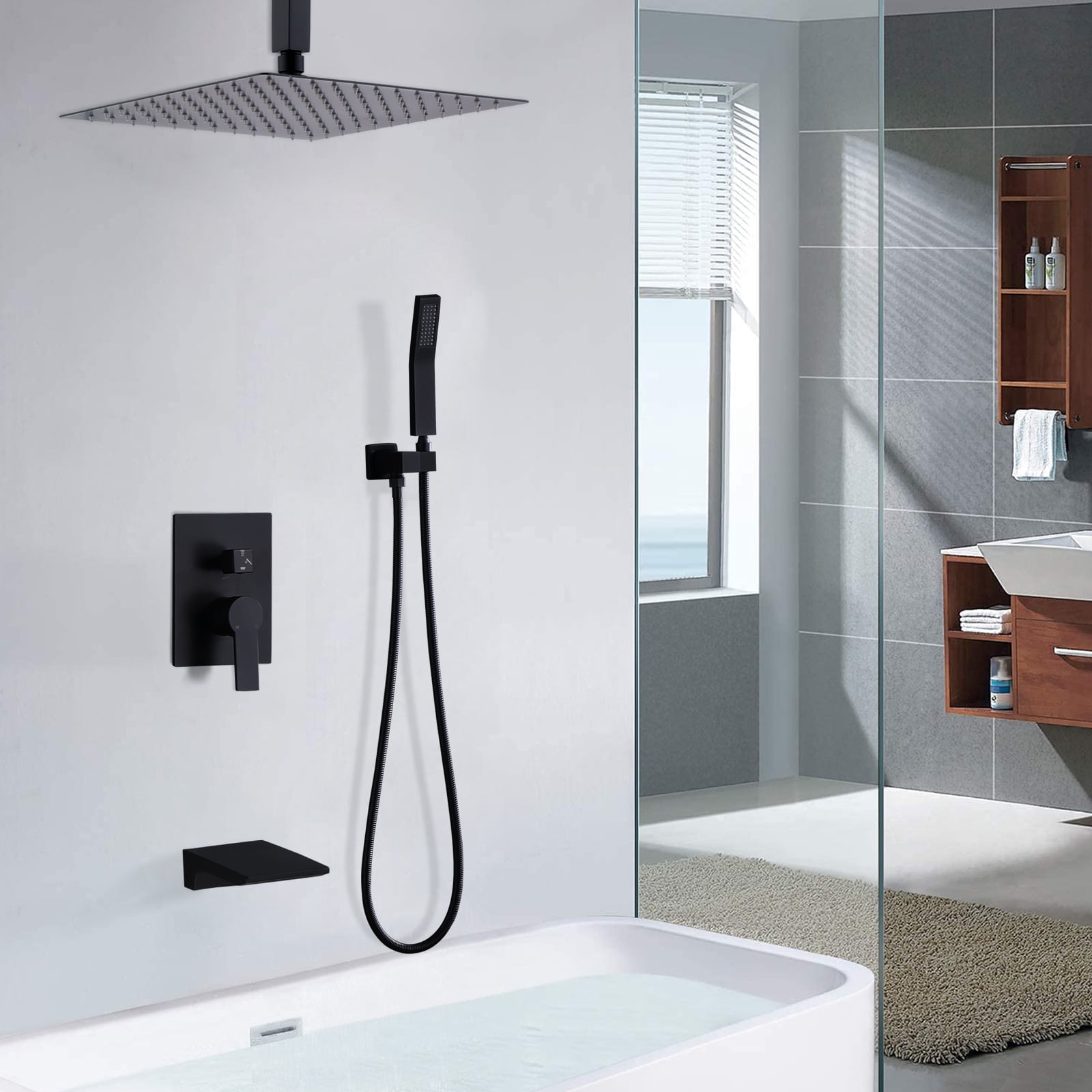 CERYPSA Matte Black 12 inches Rain Shower Faucet Sets with Waterfall ...