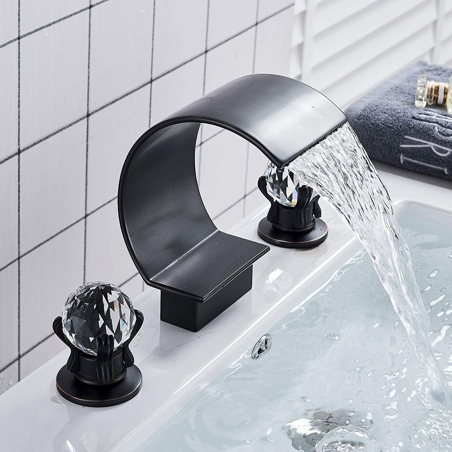 CES Bathroom Faucet 3 Hole Dual Crystal Knobs Widespread Vanity Basin ...