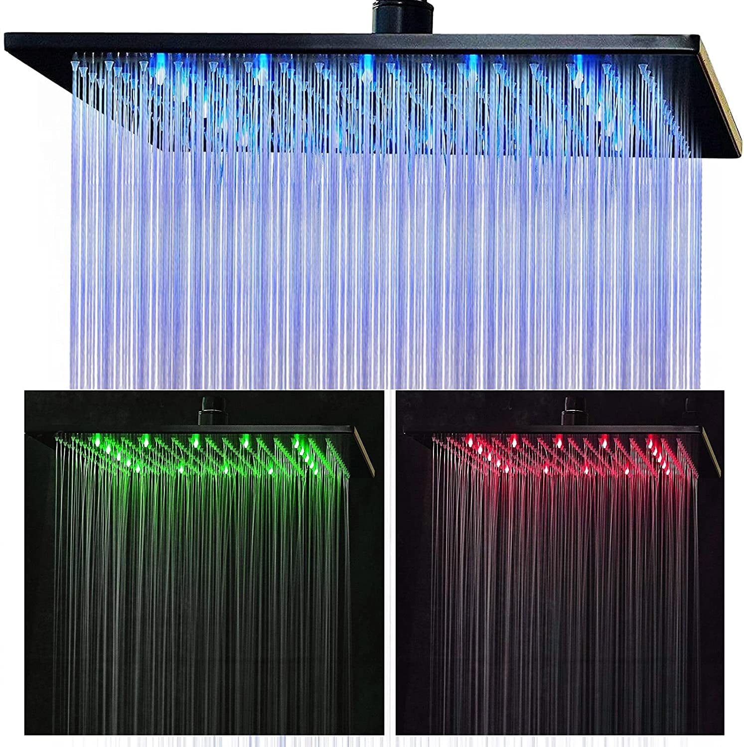 CES LED Power Rain Shower Head, High Pressure, 12 Inch Black Square, Anti-leak, Easy Install ...