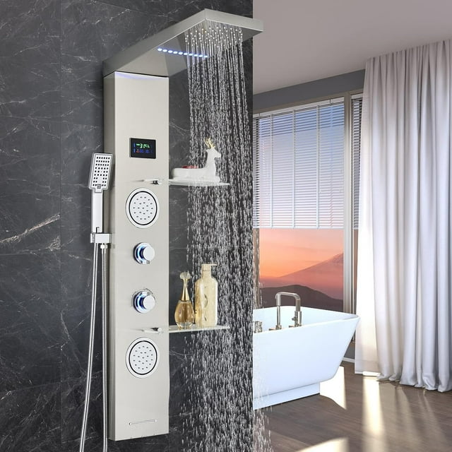 CES LED Shower Panel Tower System Stainless Steel Rain&Waterfall ...