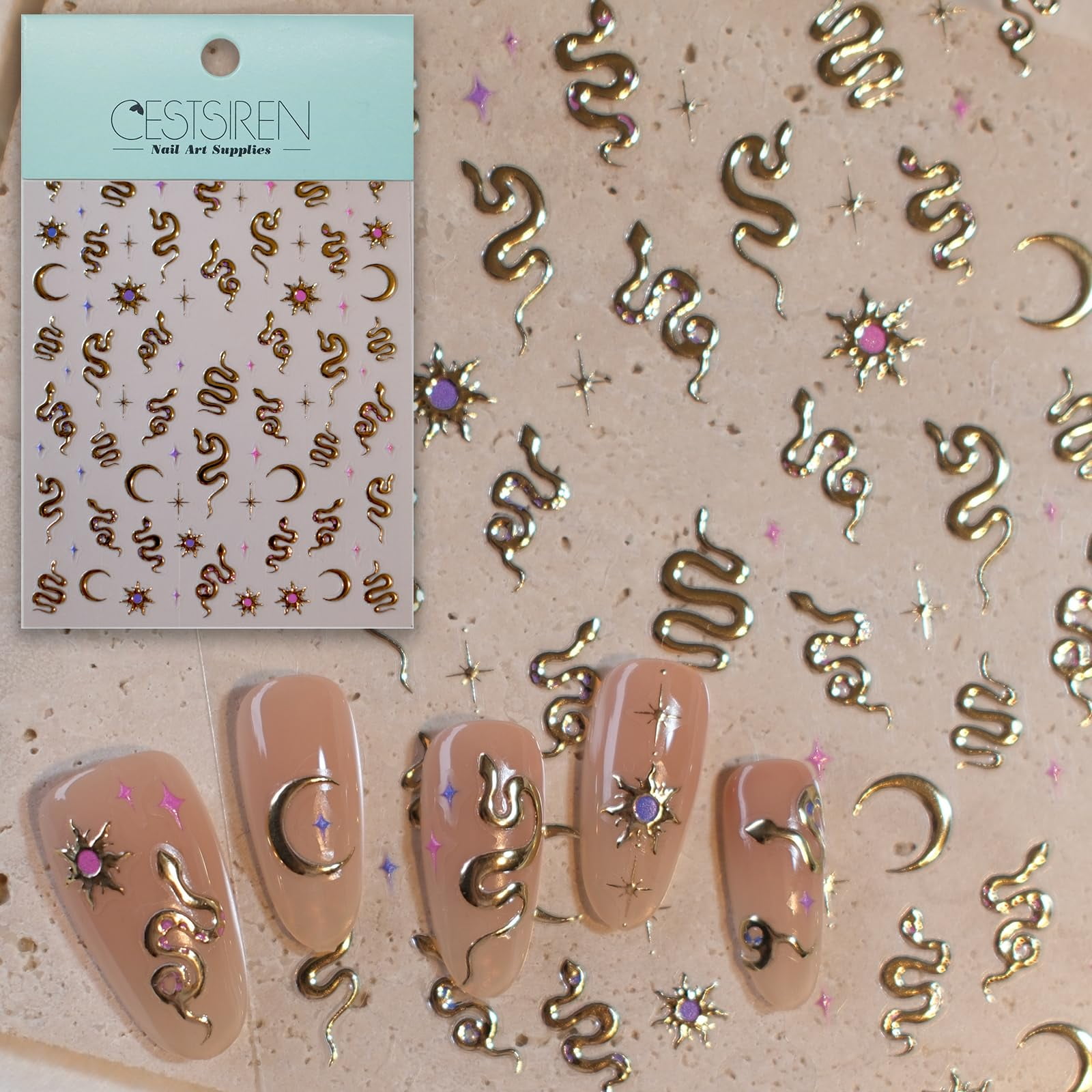 CESTSIREN Gold Snake Nail Art Stickers, 3D Embossed Nail Decals ...