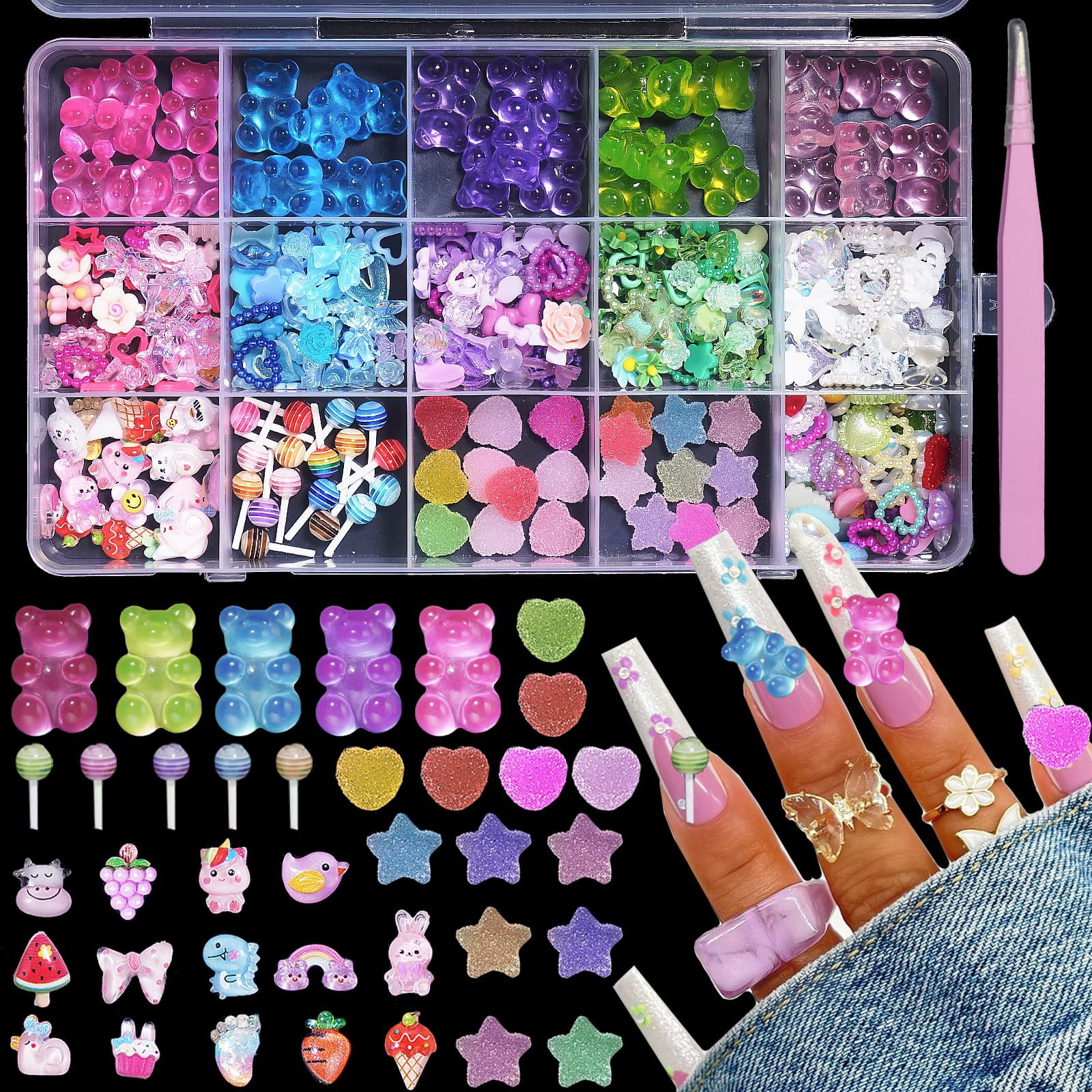 CESUSME 3D Bear Candy Nail Charms, Assorted Color Lollipop Flower ...