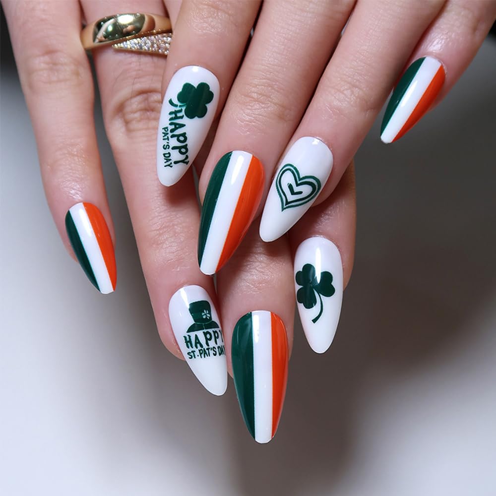 CEWEWP St. Patrick's Day Press on Nails Almond Tip Long Fake Nails with ...
