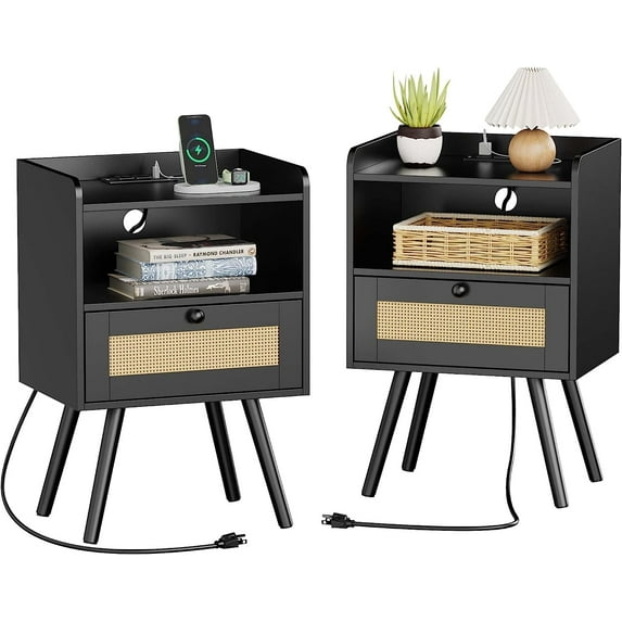 CF Nightstands with Charging Station, Bedside Table Set of 2 with PE ...